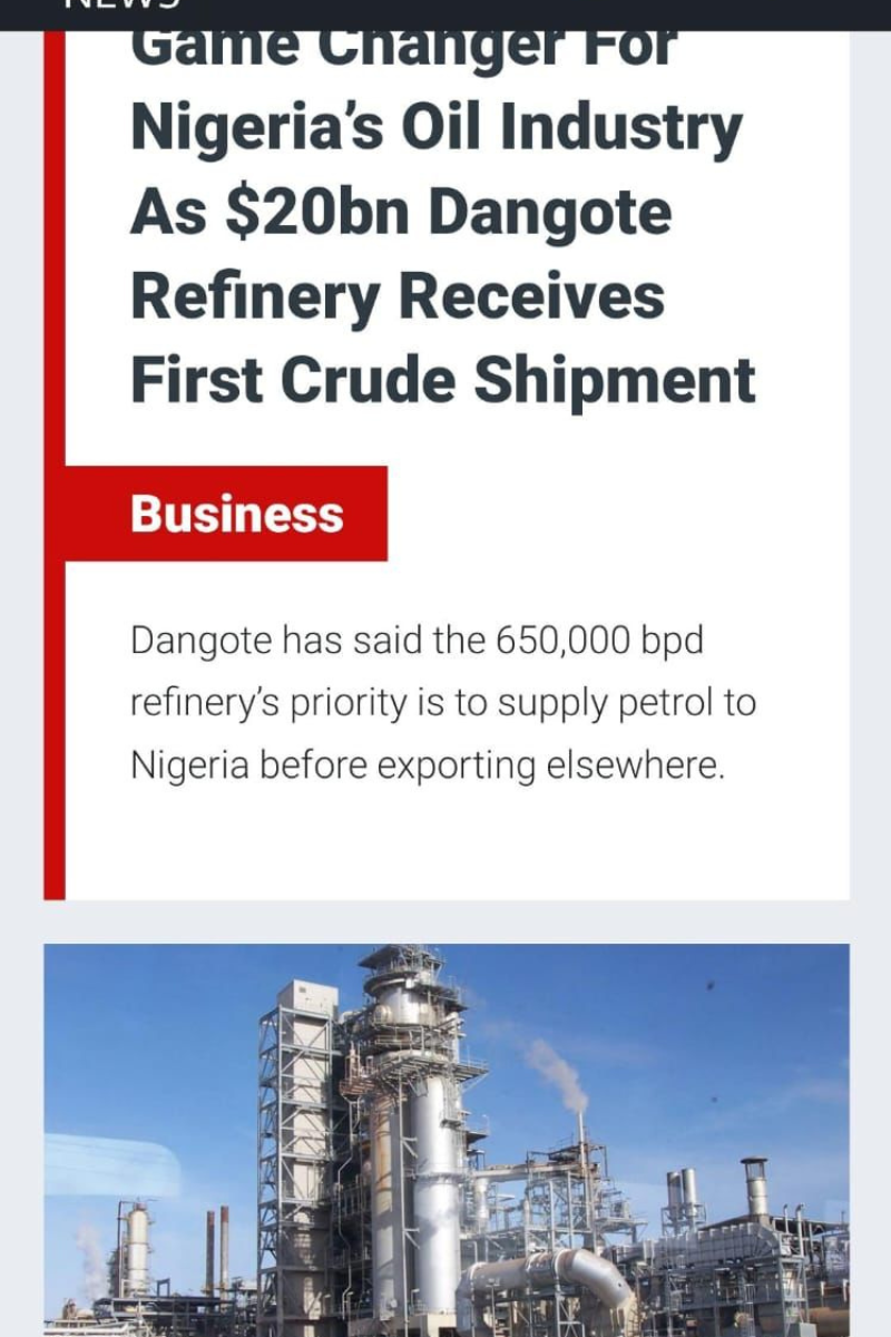 DANGOTE REFINERY SHIPS OIL - Kitz Properties
